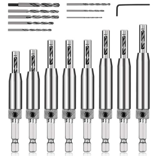 VTOSEN 17pcs Self Centering Drill Bit Set, High Speed Steel Hinge Tapper Core Drill Bit Set with 1 Hex Key & 8 Drill Bits 5/64-1/4”, Adjustable Door Drill Bits for Woodworking Window Door Hinge