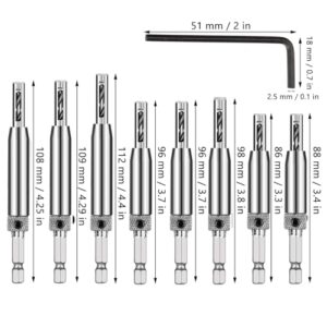 VTOSEN 17pcs Self Centering Drill Bit Set, High Speed Steel Hinge Tapper Core Drill Bit Set with 1 Hex Key & 8 Drill Bits 5/64-1/4”, Adjustable Door Drill Bits for Woodworking Window Door Hinge