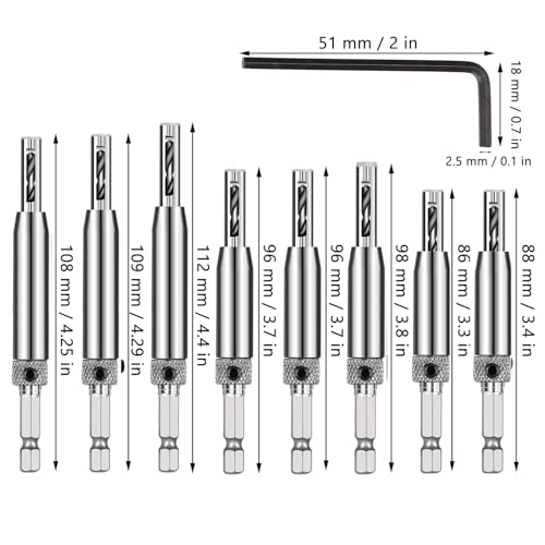 VTOSEN 17pcs Self Centering Drill Bit Set, High Speed Steel Hinge Tapper Core Drill Bit Set with 1 Hex Key & 8 Drill Bits 5/64-1/4”, Adjustable Door Drill Bits for Woodworking Window Door Hinge