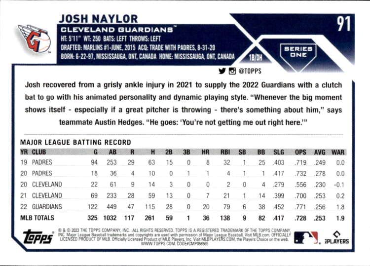 2023 Topps #91 Josh Naylor NM-MT Cleveland Guardians Baseball Trading Card MLB