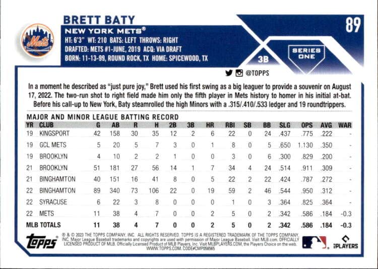 2023 Topps #89 Brett Baty NM-MT RC Rookie New York Mets Baseball Trading Card MLB