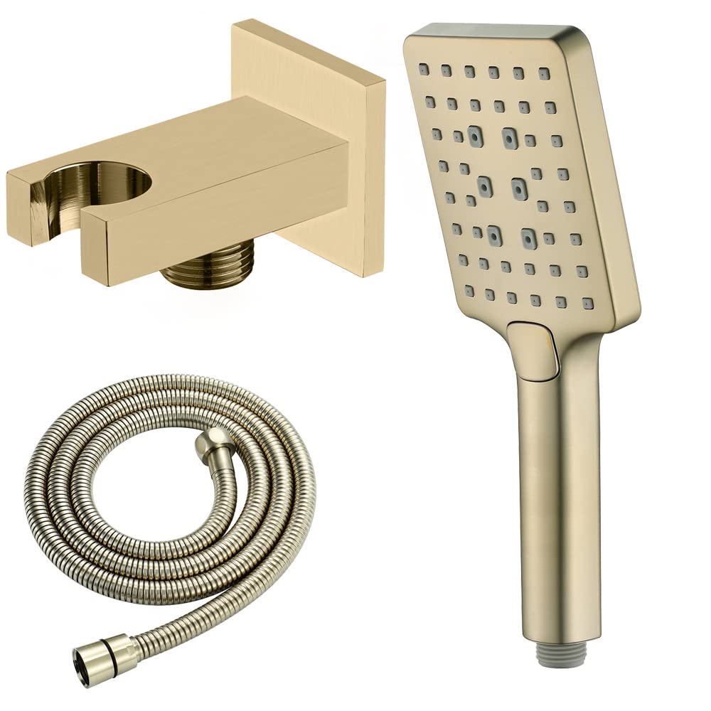 HAUSELIEBE Modern Shower Head Brushed Gold, Square Handheld Showerheads with Brass Shower Holder and 59Inch Shower Hose