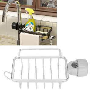 EVGATSAUTO Hanging Faucet Drain Rack, Multipurpose Sink Keep Organized Faucet Storage Rack Space Saving Aluminum with Towel Rack for Kitchen (Silver)