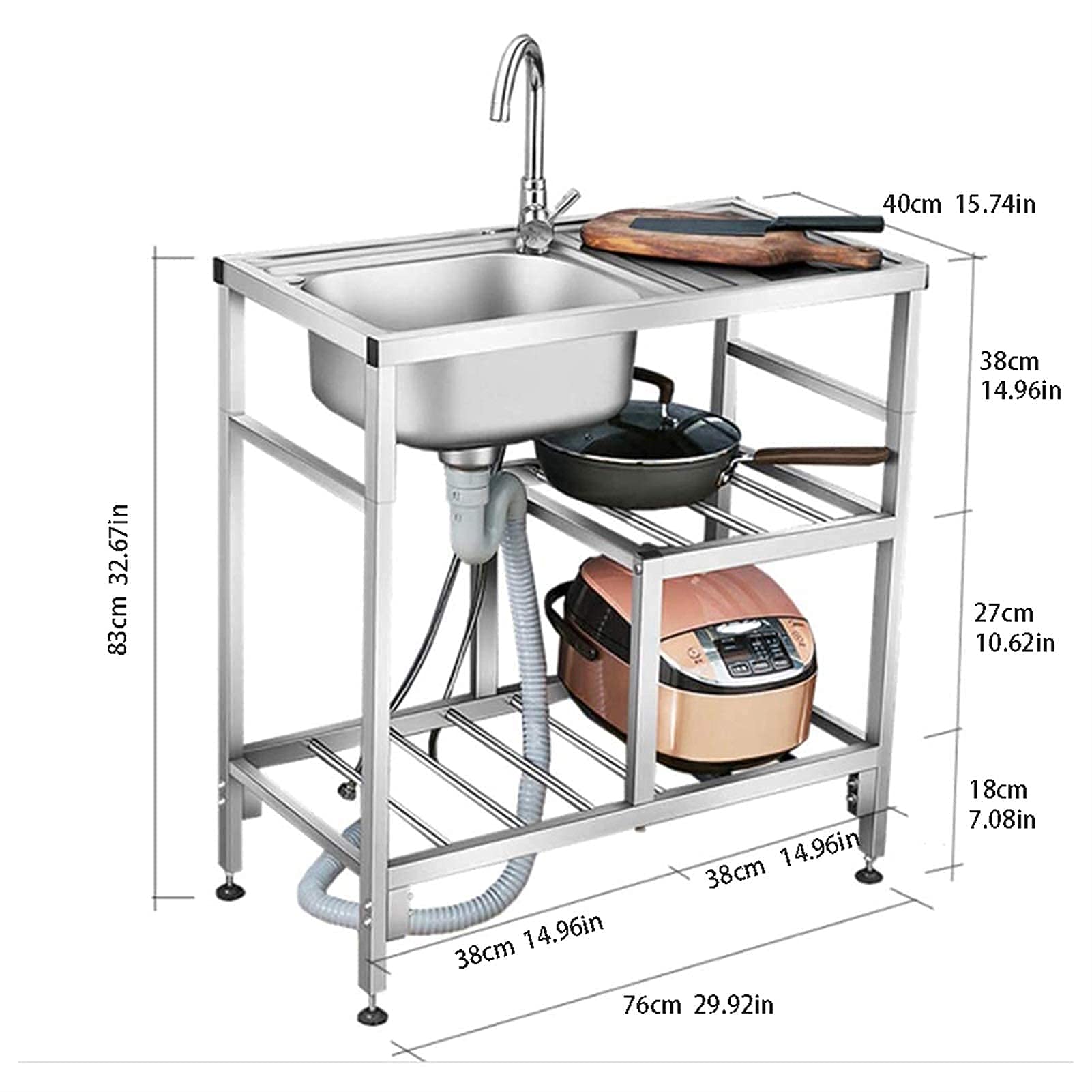 Commercial 304 Stainless Steel Sink with Console & Shelf,Multifunctional Standing Utility Sinks for Laundry Room, Backyard, Garages (Color : B)