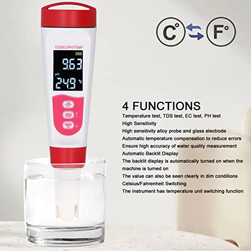 Digital Water Tester TDS EC PH Temperature Meter 4 in 1 0-9999ppm Water Quality Tester for Drinking Water Aquariums