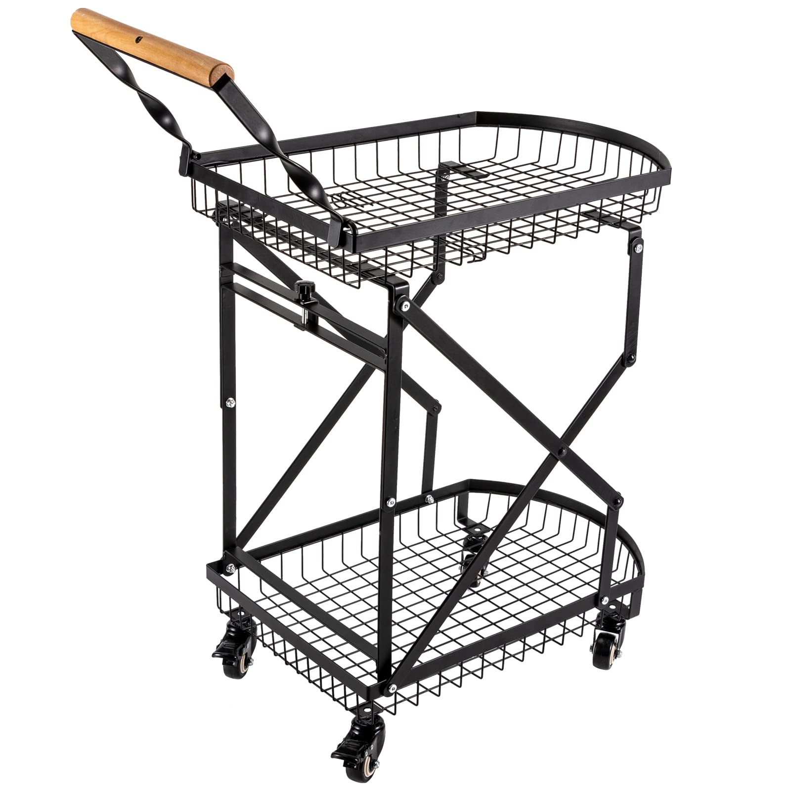 2 Tiers Grocery Cart on Wheels, Multi Use Functional Collapsible Carts, Folding Hand Truck with Wheels and Brakes, Mobile Folding Trolley Shopping Cart