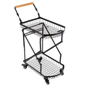 2 Tiers Grocery Cart on Wheels, Multi Use Functional Collapsible Carts, Folding Hand Truck with Wheels and Brakes, Mobile Folding Trolley Shopping Cart