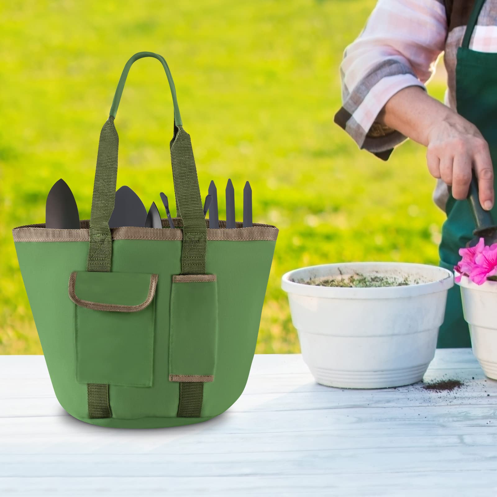 Green Bucket Garden Tools Bag 5 Gallon Bucket with Pockets in Water Proof Canvas, Storage Organizer for Men Or Women