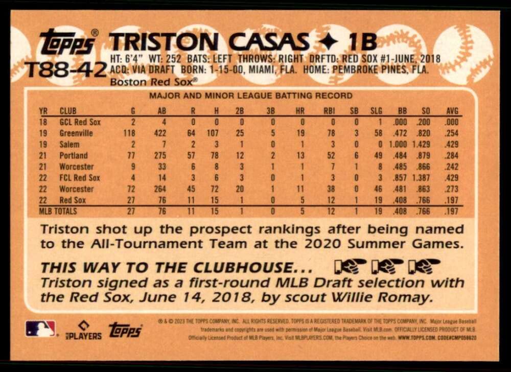 2023 Topps 1988 Baseball #T88-42 Triston Casas RC Rookie Boston Red Sox Baseball Trading Card