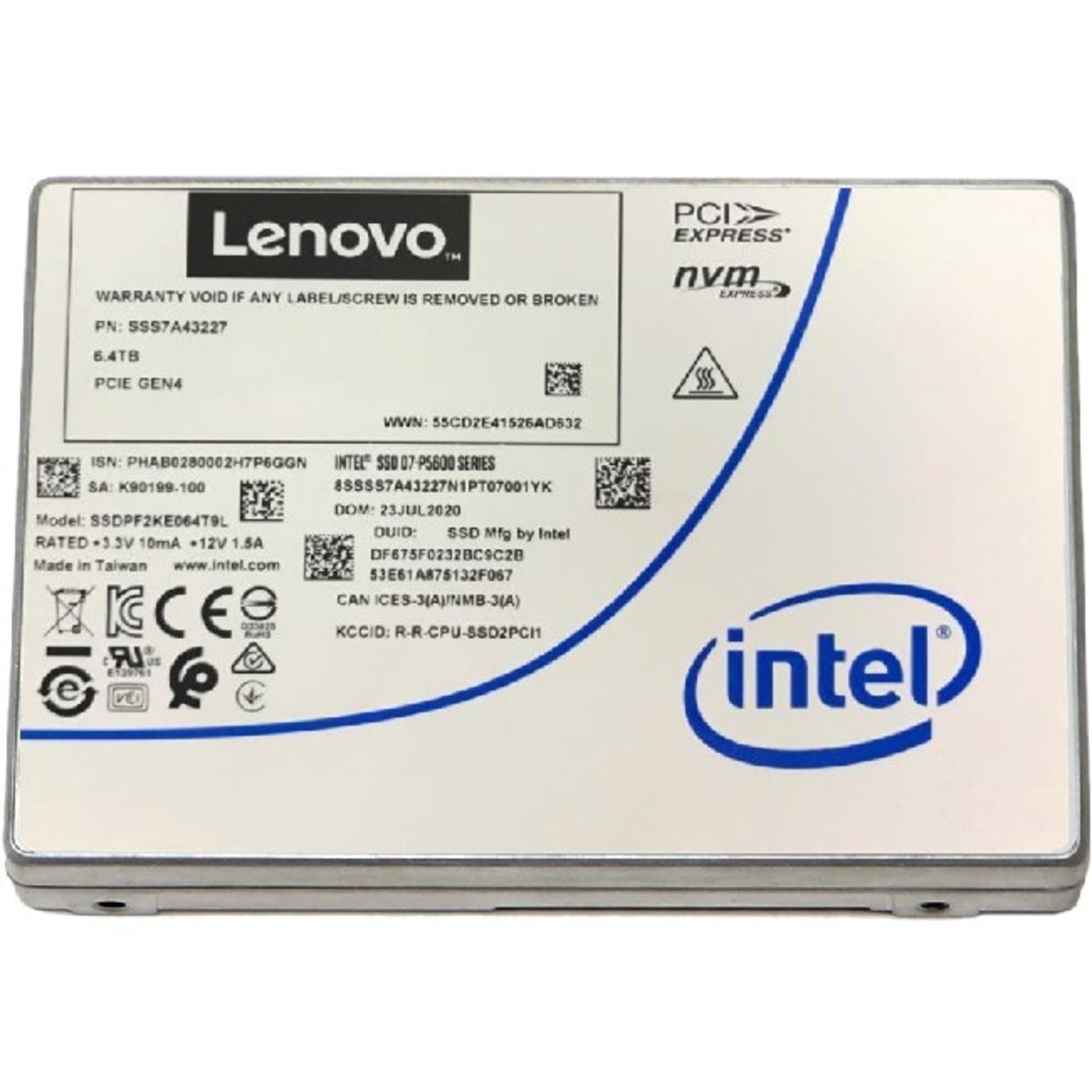 Lenovo - 4XB7A17130 - Lenovo P5620 3.20 TB Solid State Drive - 2.5 Internal - U.2 (PCI Express NVMe 4.0 x4) - Mixed Use - Server Device Supported - 3 DWPD - 17920 TB TBW - 6700 MB/s Maximum Read