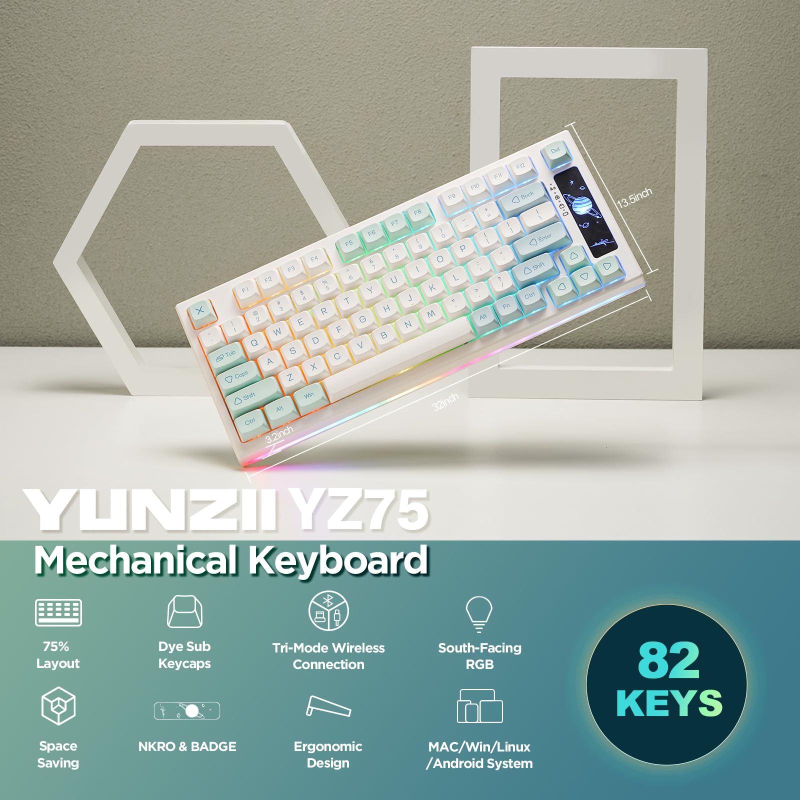 YUNZII YZ75 75% Hot Swappable Wireless Gaming Mechanical Keyboard, RGB Backlights, BT5.0/2.4G/USB-C, Dye Sub PBT Keycaps for Linux/Win/Mac(Gateron G Pro Yellow, Mint)