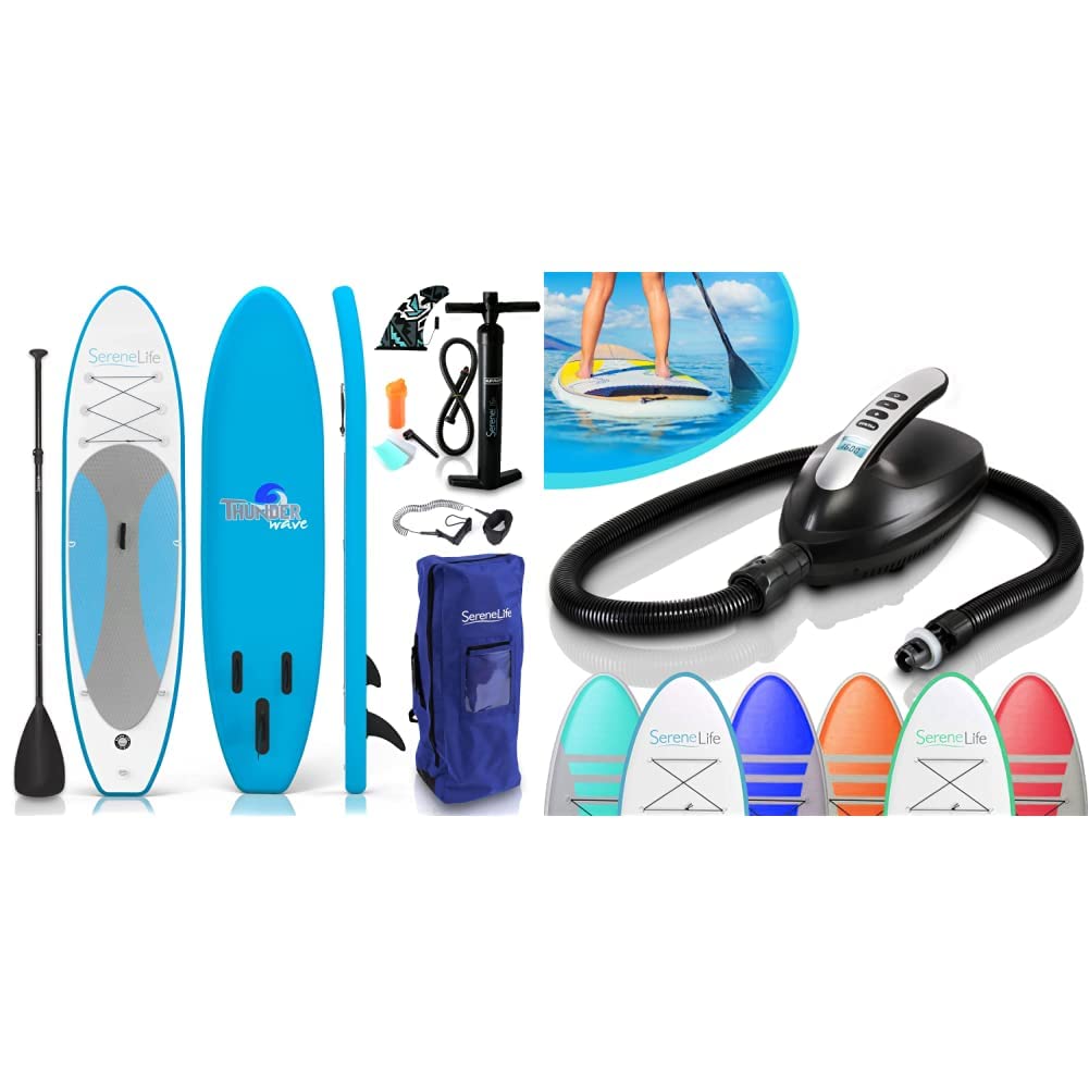 SereneLife Inflatable Stand Up Paddle Board (6 Inches Thick) with Premium Accessories & Digital Electric Air Pump Compressor - 110W 12 Volt Quick Air Inflator w/LCD, 0-16 Adjustable PSI