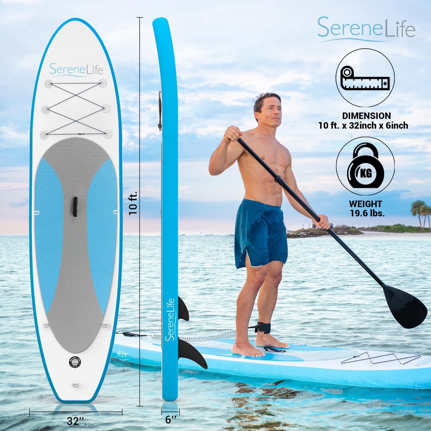 SereneLife Inflatable Stand Up Paddle Board (6 Inches Thick) with Premium Accessories & Digital Electric Air Pump Compressor - 110W 12 Volt Quick Air Inflator w/LCD, 0-16 Adjustable PSI