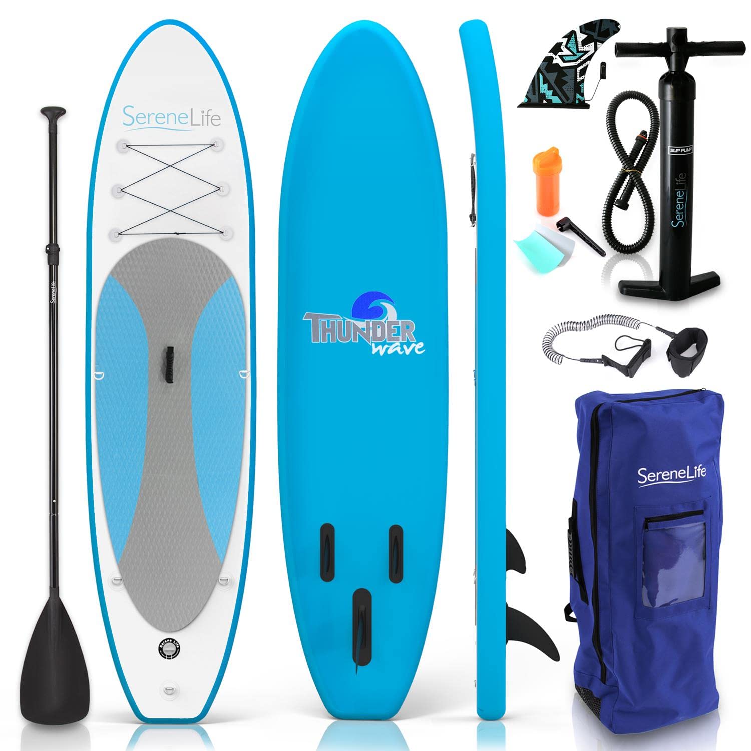 SereneLife Inflatable Stand Up Paddle Board (6 Inches Thick) with Premium Accessories & Digital Electric Air Pump Compressor - 110W 12 Volt Quick Air Inflator w/LCD, 0-16 Adjustable PSI