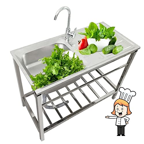 Utility Stainless Steel Single Bowl Kitchen Sink,Commercial Restaurant Movable Free-standing Sink,Laundry Sink,Portable Sink,with Faucet,Drainer,Drain Pipe,Storage Shelf,for Farmhouse,Outdoor,Garage (