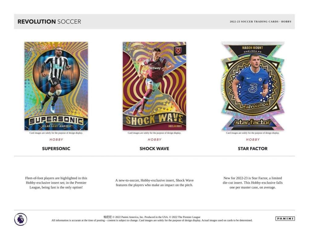 2022-23 PANINI REVOLUTION PREMIER LEAGUE EPL SOCCER FACTORY SEALED HOBBY BOX 8 Packs of 5 Cards, 40 cards in all See photos for details on the amazing pulls that are possible Chase rookie cards of an Amazing Rookie Class