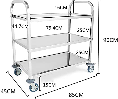 Utility Cart Lab Serving Cart, Medical Cart 3-Layer Stainless Steel Kitchen Service Cart for Hotel, Catering, Restaurant Tool Cart-85 X 45 X 90CM