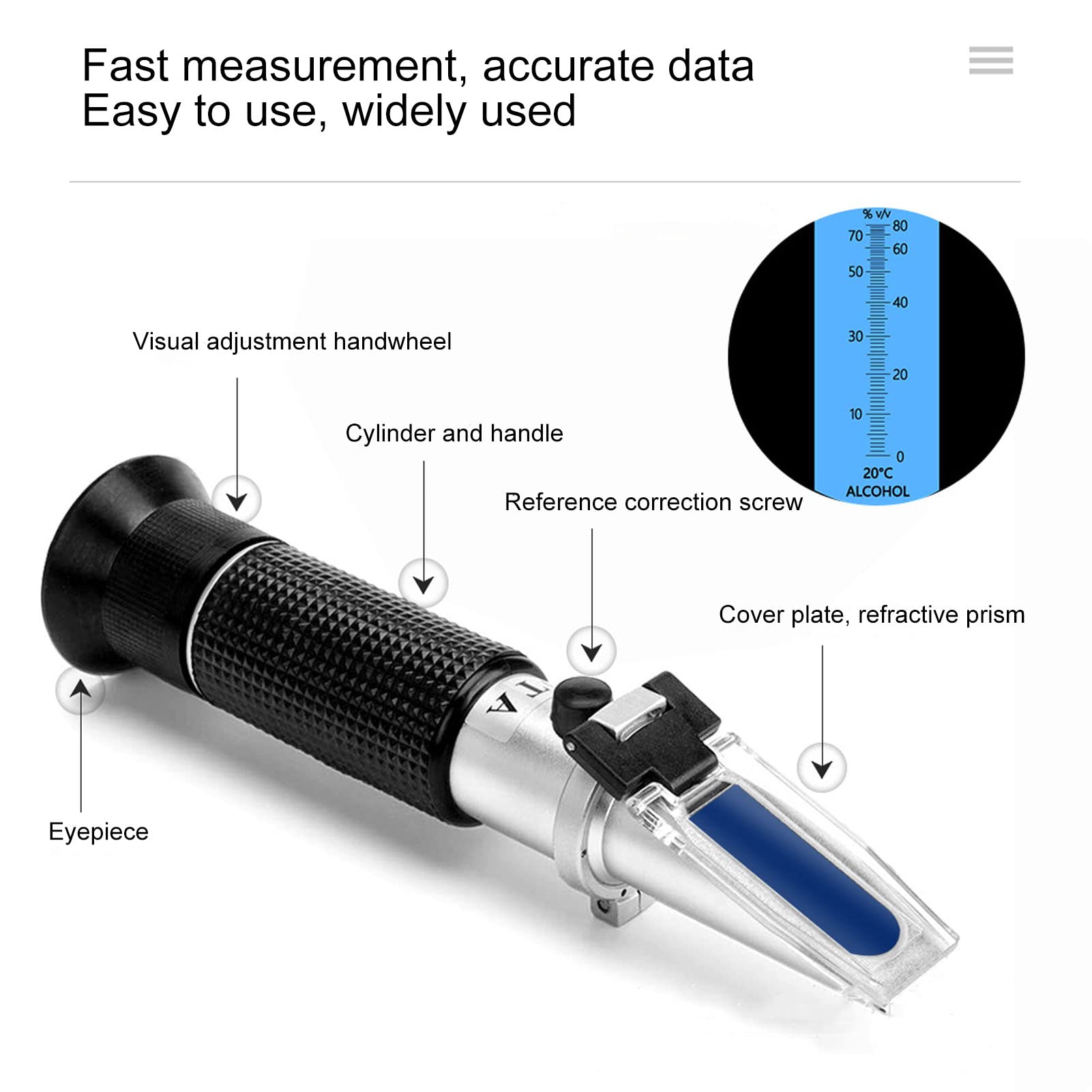 Aoutecen Liquor Refractometer, Fast Measurement Adjustable Eyepiece Cover Plate Calibration Screw Alcohol Refractometer Easy to Read 0‑80% Range for Beer Brewing