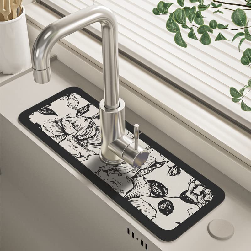 2023 New Fantasy Style Faucet Draining Mat - Kitchen Sink Splash Guard, Diatom Mud Faucet Handle Drip Catcher Tray, Non-Slip Kitchen Guard Gadgets Sink Accessories (Magnolia, 14.96x5.43 inches)