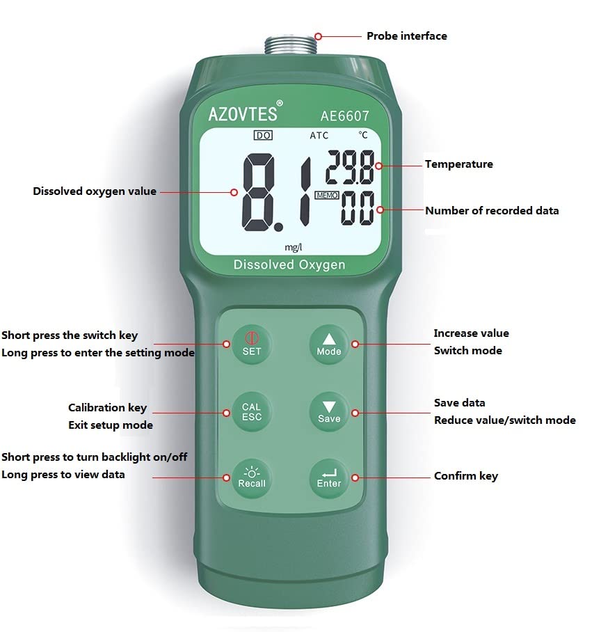 Portable Dissolved Oxygen Meter，Upgrade Temperature, Salinity and Altitude Triple Compensation，Handheld Water Quality Monitor