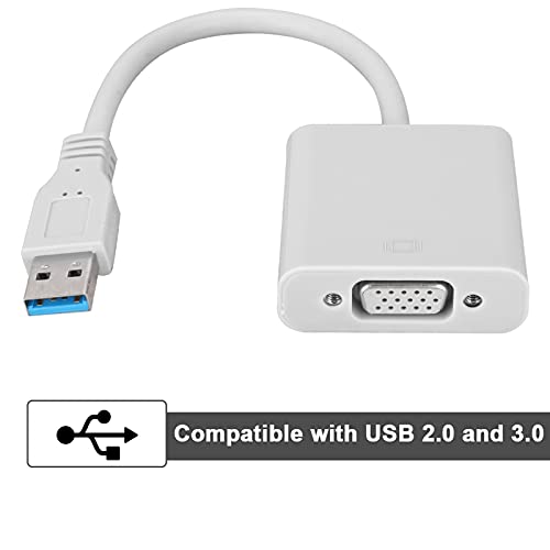 Mini USB to VGA Adapter, USB to VGA Cable Adapter Converter, USB 3.0 to VGA Adapter Cable for Computer (White)