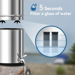 Purewell Gravity-Fed Water Filter System, Small Capacity 1.5 Gallon Stainless Steel Countertop Filtration System with 2 Black Purification Elements and Metal Spigot for Home and Outdoor Use