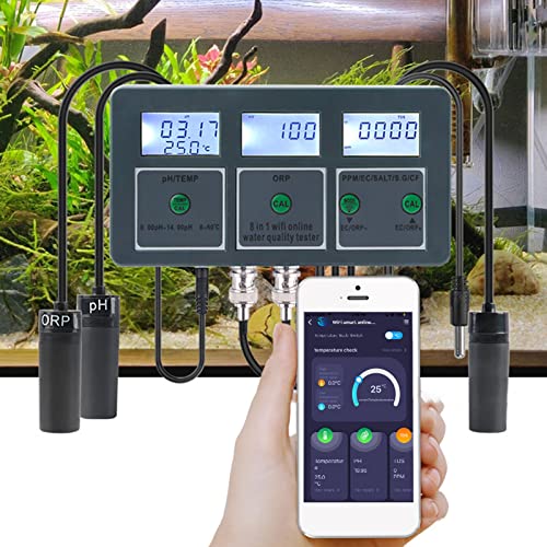 Asixxsix 8 in 1 Water Quality Tester, S.G PH EC Salt ORP TDS CF Temp Online Monitoring WiFi Multi Parameter Test Meter Wall Mountated Rechargeable Aquarium Ph Tester for Hydroponics