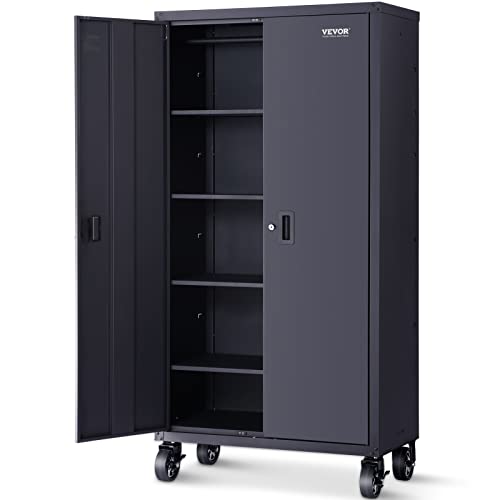 VEVOR Metal Storage Cabinet with Wheels, 200 lbs Load Capacity per Shelf, 72'' Tall Powder-Coating Steel Garage Cabinet with 4 Adjustable Shelves, Magnet Doors & Lock, Perfect for Office Home Garage