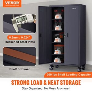 VEVOR Metal Storage Cabinet with Wheels, 200 lbs Load Capacity per Shelf, 72'' Tall Powder-Coating Steel Garage Cabinet with 4 Adjustable Shelves, Magnet Doors & Lock, Perfect for Office Home Garage