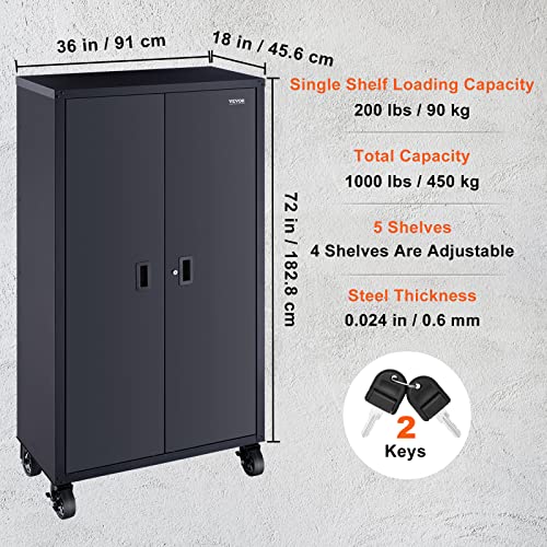 VEVOR Metal Storage Cabinet with Wheels, 200 lbs Load Capacity per Shelf, 72'' Tall Powder-Coating Steel Garage Cabinet with 4 Adjustable Shelves, Magnet Doors & Lock, Perfect for Office Home Garage