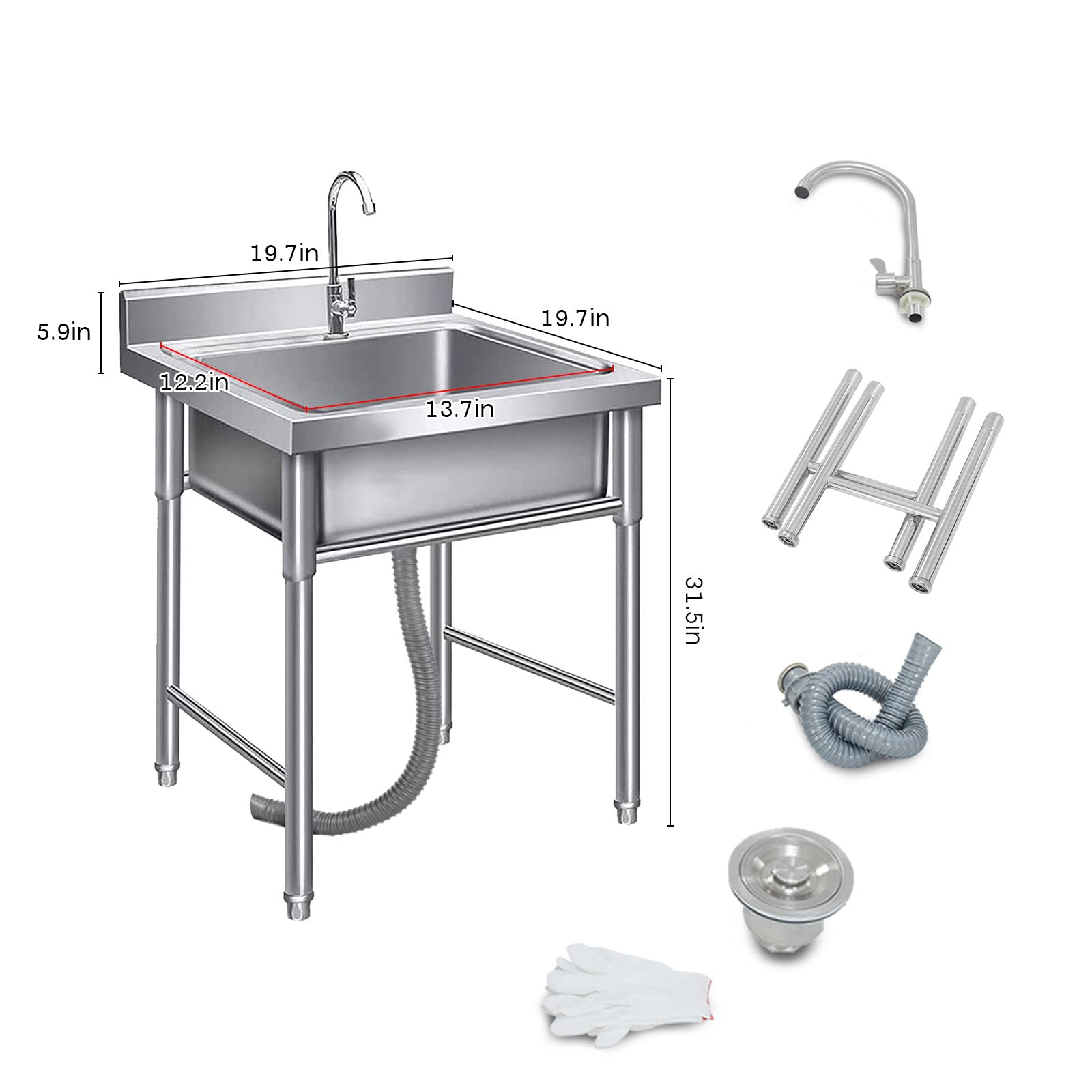 Utility Outdoor Sink for Washing, Stainless Steel Sink, with Faucet Drain, Storage Shelve Commercial Restaurant Sink for Laundry Garden Backyard Garage Outdoor (19.7"W x 19.7"D x 31.5"H)