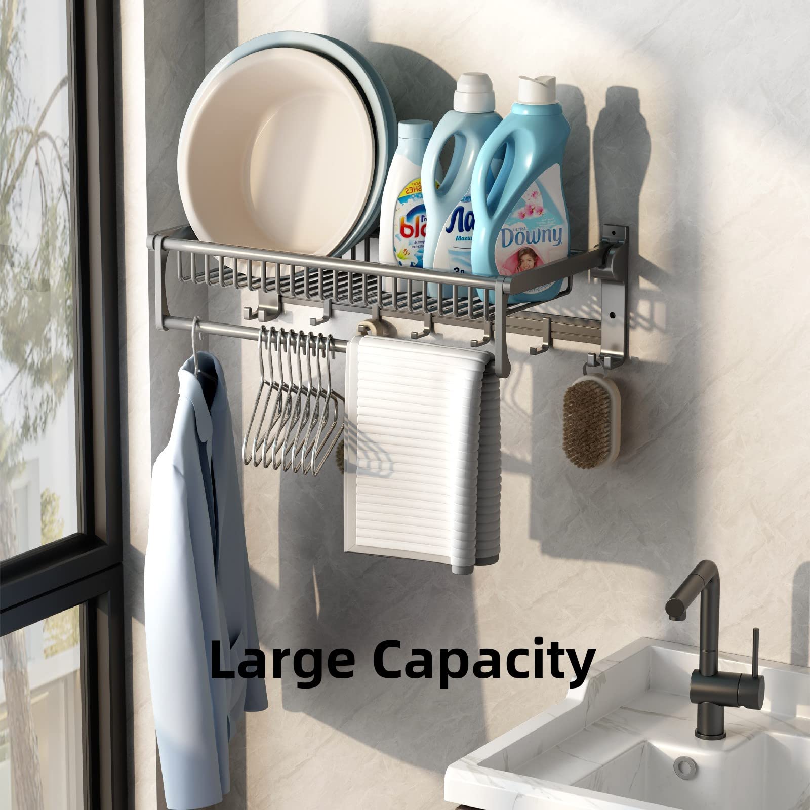 VOLPONE Bathroom Towel Rack Towel Shelf Wall Mounted Foldable Towel Storage with Towel Bar Hooks No Assembly Required 24-Inch Matte Gray