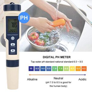 Asixxsix Water Quality Tester, TDS Meter, EC Meter, PH Meter, Salinity Tester & Temperature Meter 5 in 1, Portable Digital Water Tester for Drinking Water Aquarium Hydroponics Salt Water