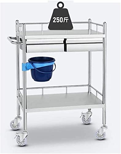 Utility Cart Lab Serving Cart, Medical Cart 2-Layer，Stainless Steel Lab Medical Car with Drawers and Dirt Bucket Mobile Trolley Serving Equipment with Drawers and Silent Omnidirectional Wheel (Size :