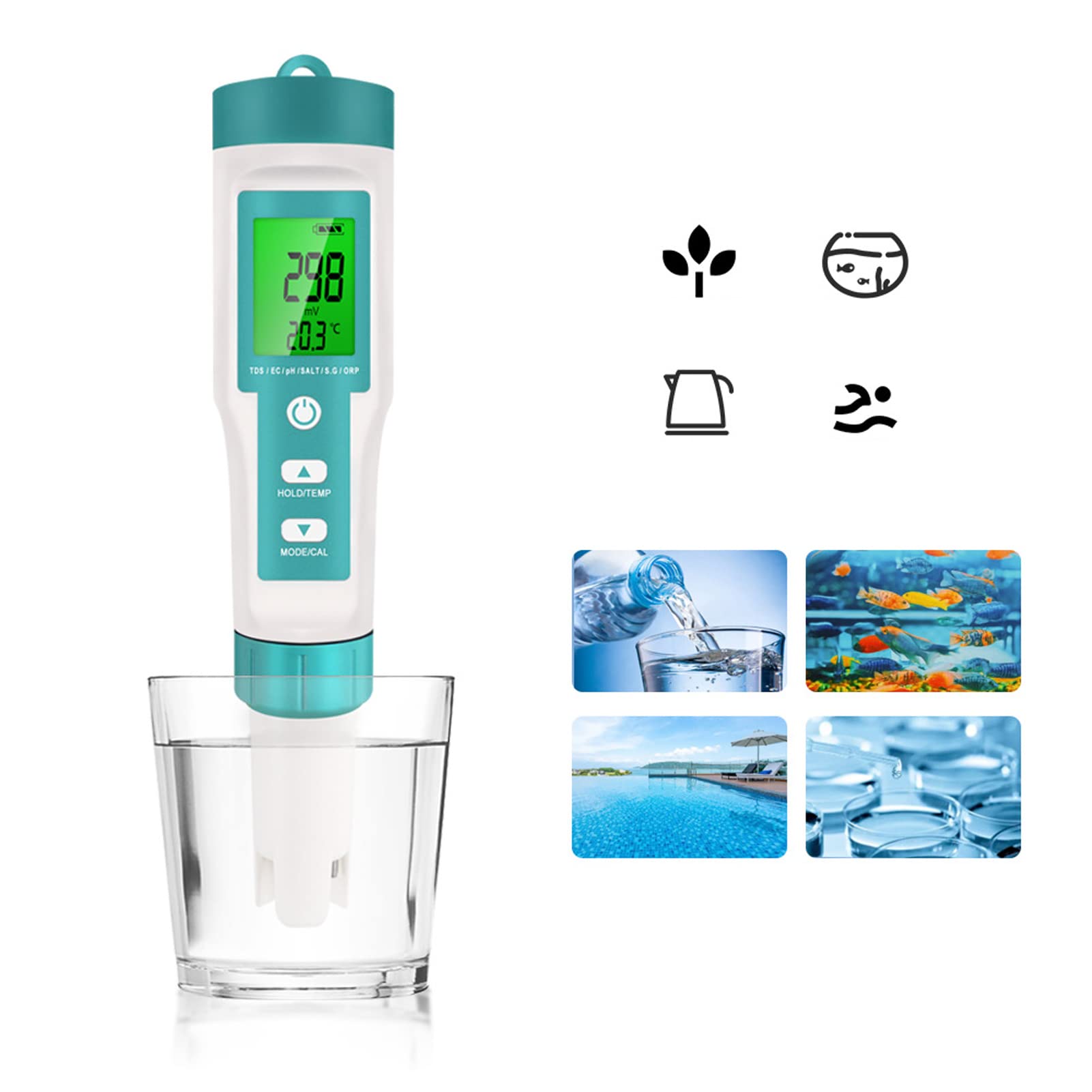 Water Quality Test Pen Portable Digital Water Quality Meter PH TDS Temperature EC Salinity SG ORP for Swimming Pool