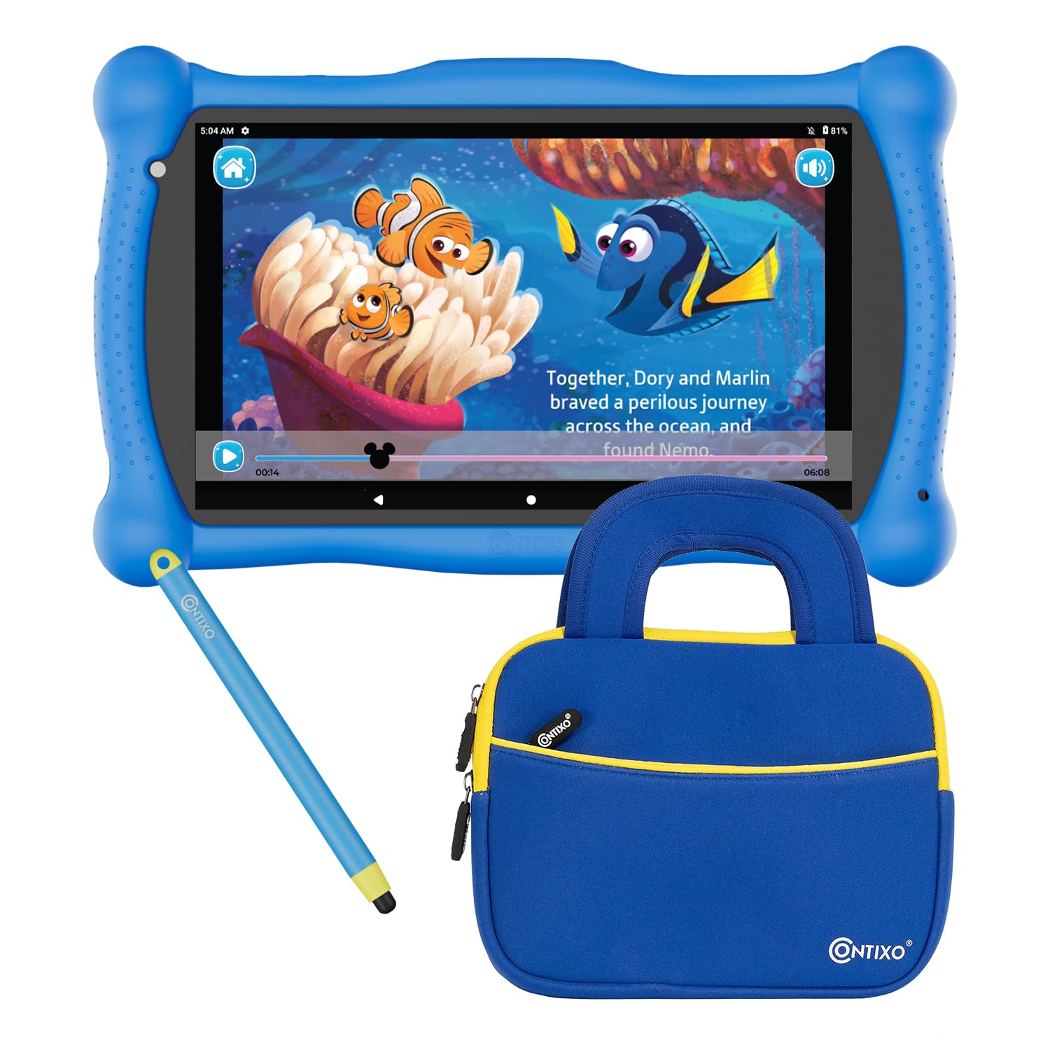 Contixo Kids Tablet V10, 7-inch HD, Ages 3-7, Toddler Tablet with Sleeve Bag Bundle, Learning Tablet Set for Children - Blue