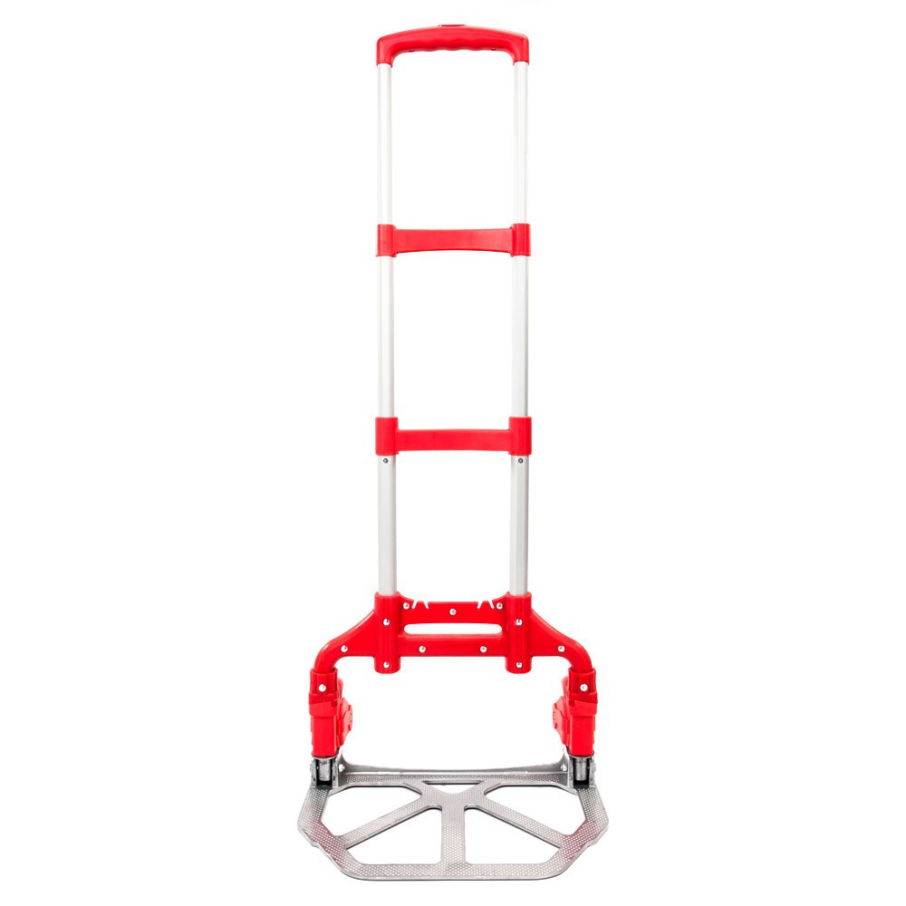 Folding Hand Truck Dolly Cart, 165lbs Load Capacity Aluminium Trolley Cart with Telescoping Handle, 2 Rubber Wheels & Bungee Cord for Luggage, Travel, Auto, Moving and Office Use (Red)