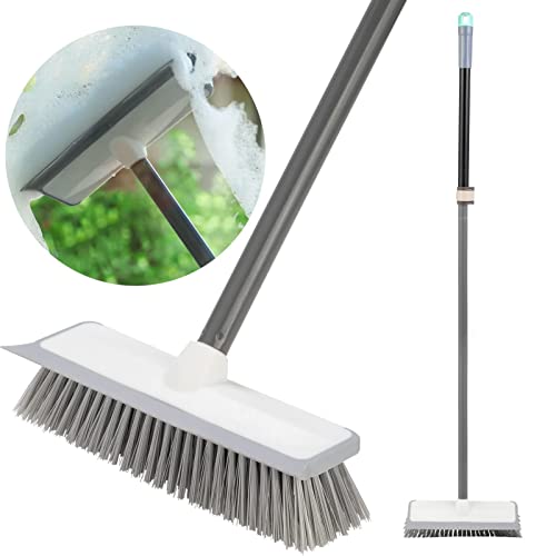 Rubber Broom with Squeegee for Carpet Pet Hair Remover and Floor Scrub Brush with 58" Long Handle,Brush for Cleaning Bathroom,Patio,Hardwood Floor