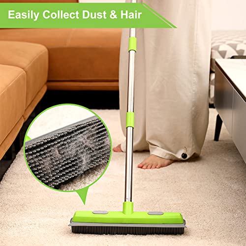 Rubber Broom with Squeegee for Carpet Pet Hair Remover and Floor Scrub Brush with 58" Long Handle,Brush for Cleaning Bathroom,Patio,Hardwood Floor