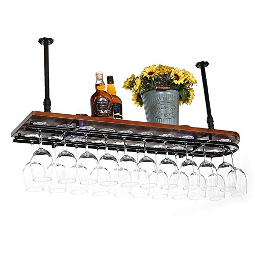 NERDOH Ceiling Wine Rack,Hanging Wine Glass Racks Stemware Holder,Iron Solid Wood Ceiling Shelf,for Bars/Restaurants/Kitchens,Height Adjustable/Length 60/80/100cm