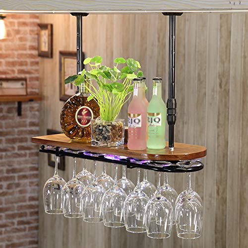 NERDOH Ceiling Wine Rack,Hanging Wine Glass Racks Stemware Holder,Iron Solid Wood Ceiling Shelf,for Bars/Restaurants/Kitchens,Height Adjustable/Length 60/80/100cm