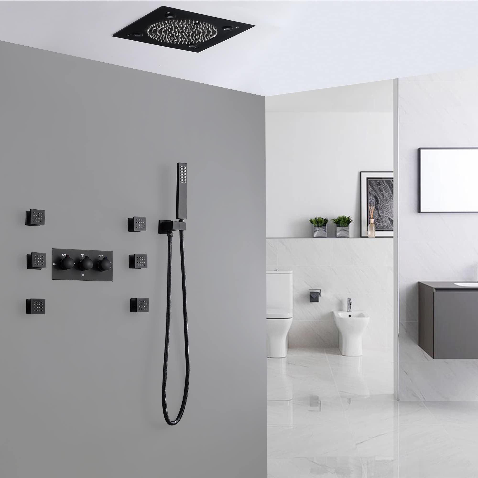 Luxury Ceiling Mounted 9-color LED 4-Way Complete Rain and Spray Shower System with 6 Body Jets and Showerhead Black Matte