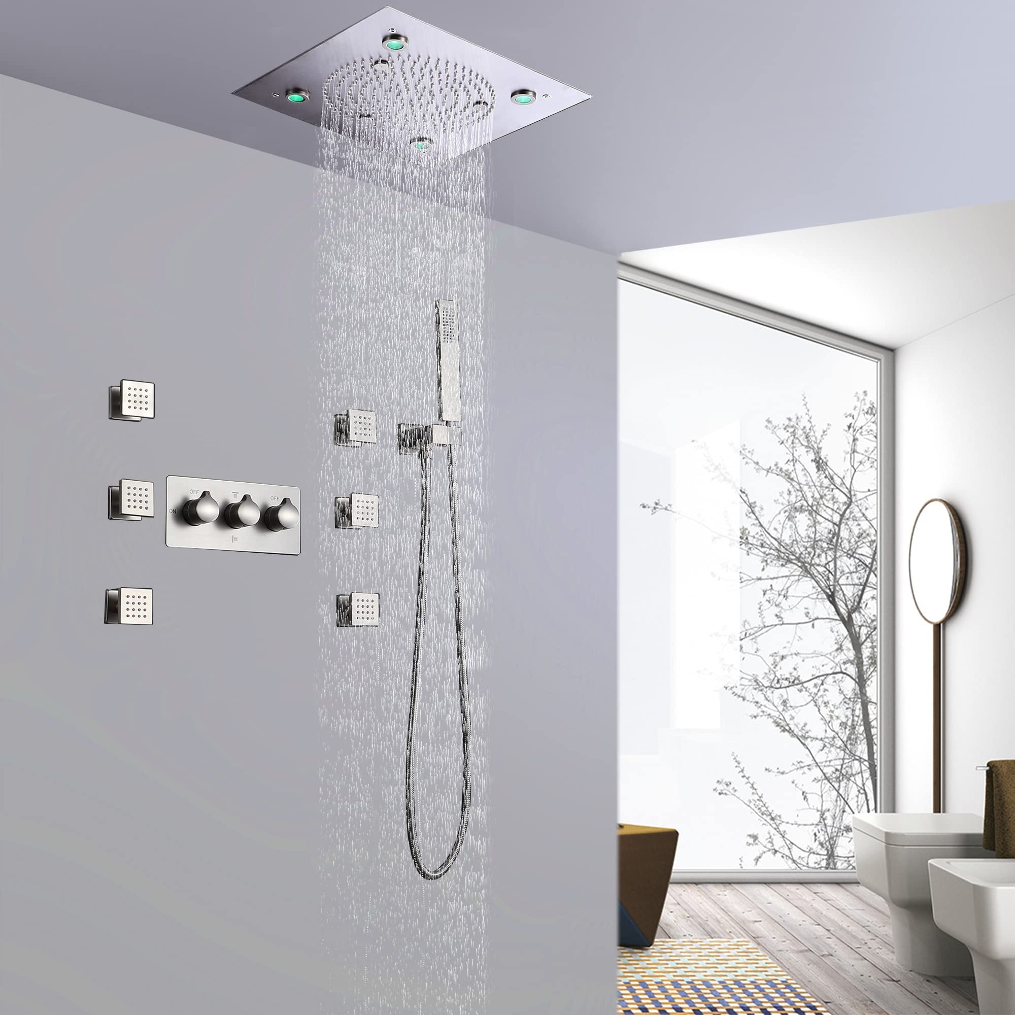 Luxury Ceiling Mounted 9-color LED 4-Way Complete Rain and Spray Shower System with 6 Body Jets and Showerhead Black Matte