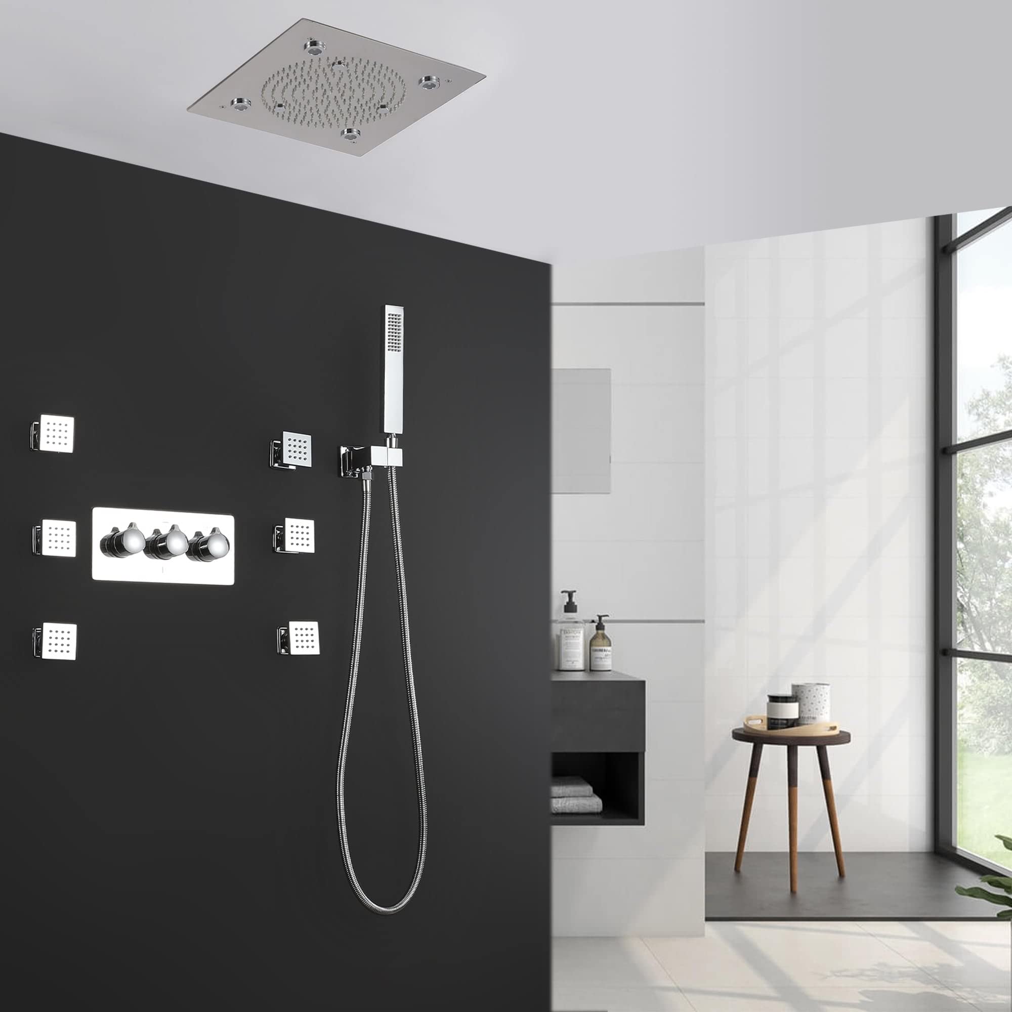 Luxury Ceiling Mounted 9-color LED 4-Way Complete Rain and Spray Shower System with 6 Body Jets and Showerhead Black Matte