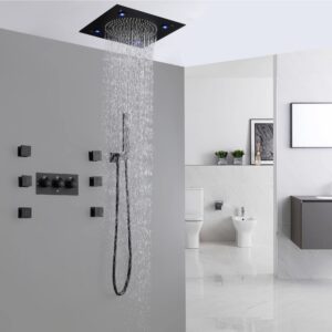 Luxury Ceiling Mounted 9-color LED 4-Way Complete Rain and Spray Shower System with 6 Body Jets and Showerhead Black Matte