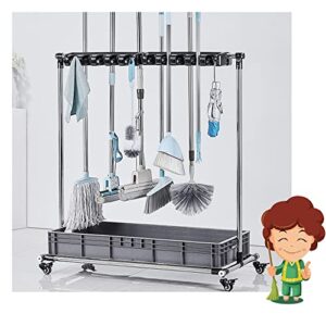 movable mop broom holder utility floor standing cleaning tool cart,housekeeping cart,stainless steel mop rack umbrella storage stand ,with universal wheels,for garden,garage,factories,restaurant ( siz