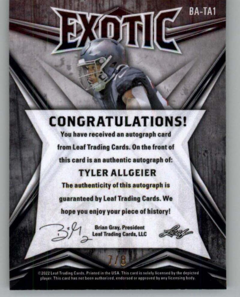 2022 Leaf Exotic Zebra Autograph #BA-TA1 Tyler Allgeier RC Rookie AUTO 7/8 Football Trading Card Atlanta Falcons