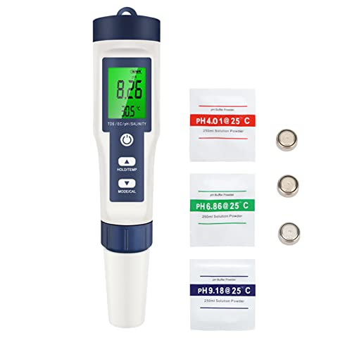 Digital Water Detector, PH Salinity Temp TDS EC High Accuracy Water Quality Tester Stable Measuring with Button Battery for Laboratory