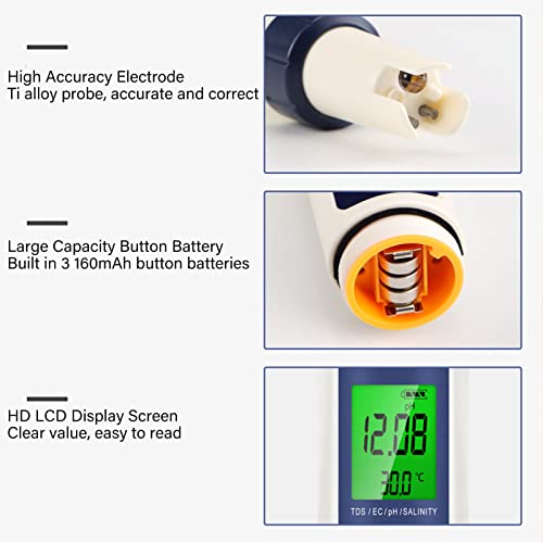 Digital Water Detector, PH Salinity Temp TDS EC High Accuracy Water Quality Tester Stable Measuring with Button Battery for Laboratory