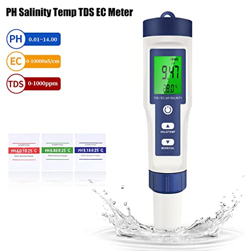 Digital Water Detector, PH Salinity Temp TDS EC High Accuracy Water Quality Tester Stable Measuring with Button Battery for Laboratory